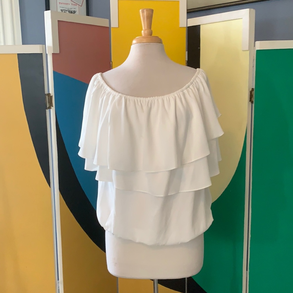 Off Shoulder White Elastic Waist & Neck Tiered Top - Gem